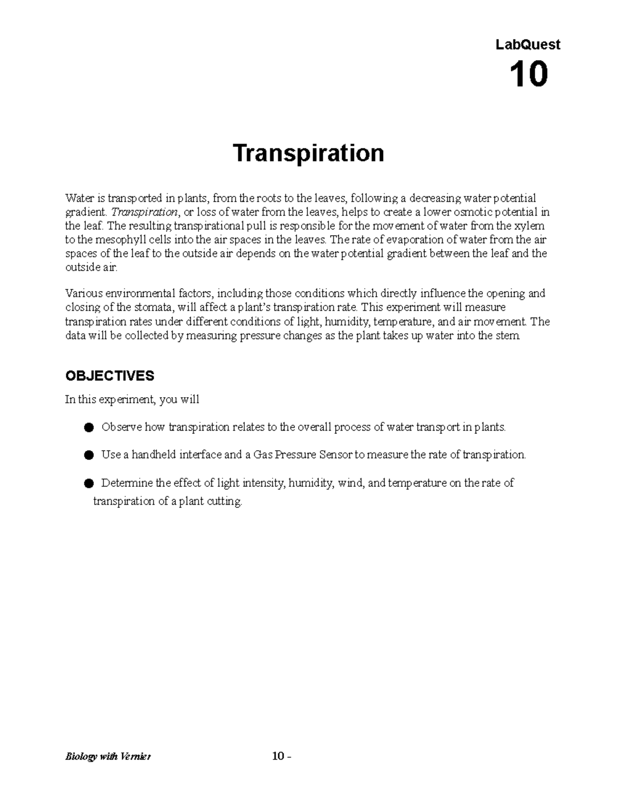 Transpiration Lab Experiment Analysis in Biology with Vernier 10 - Studocu