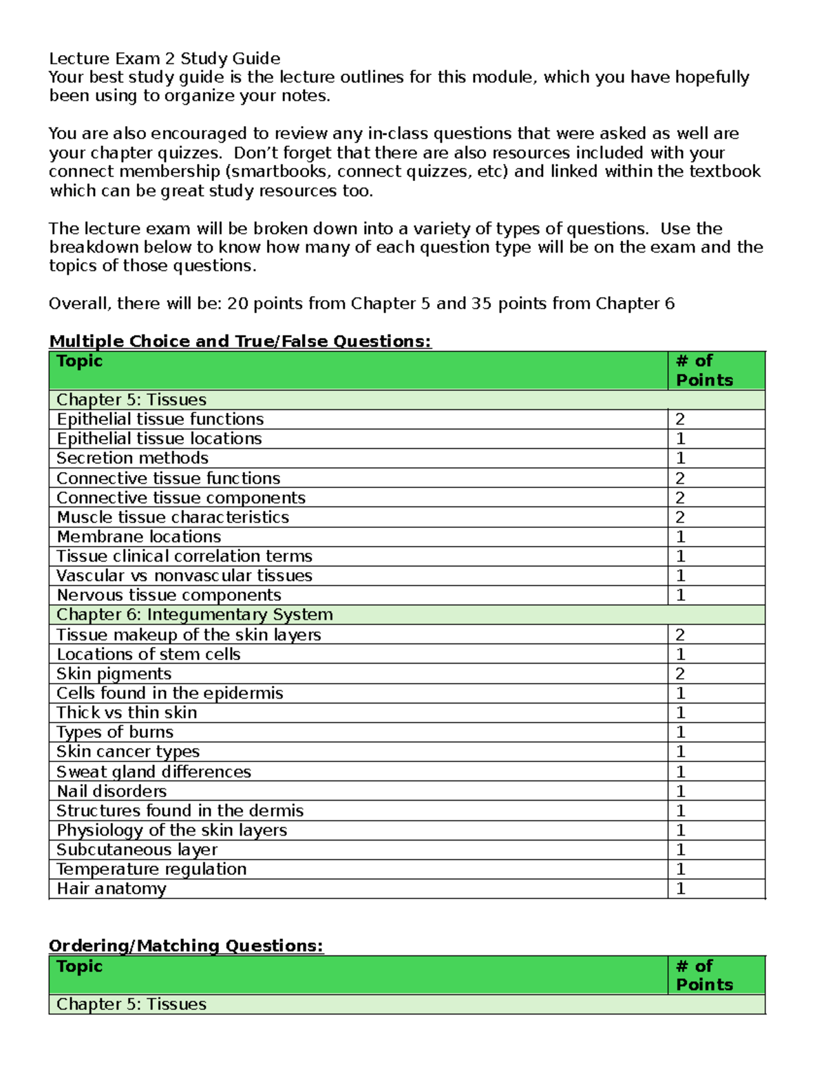 Lecture Exam 2 Study Guide: Tissues & Integumentary System (Ch. 5 & 6 ...