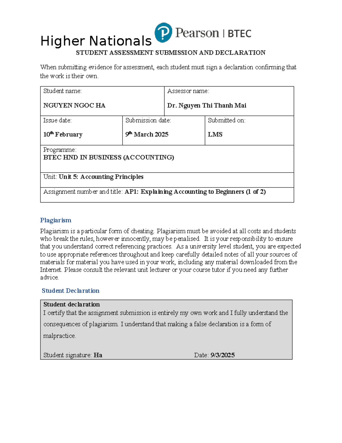 BTEC HND IN BUSINESS (ACCOUNTING) Unit 5: Assignment AP1 Submission - Studocu