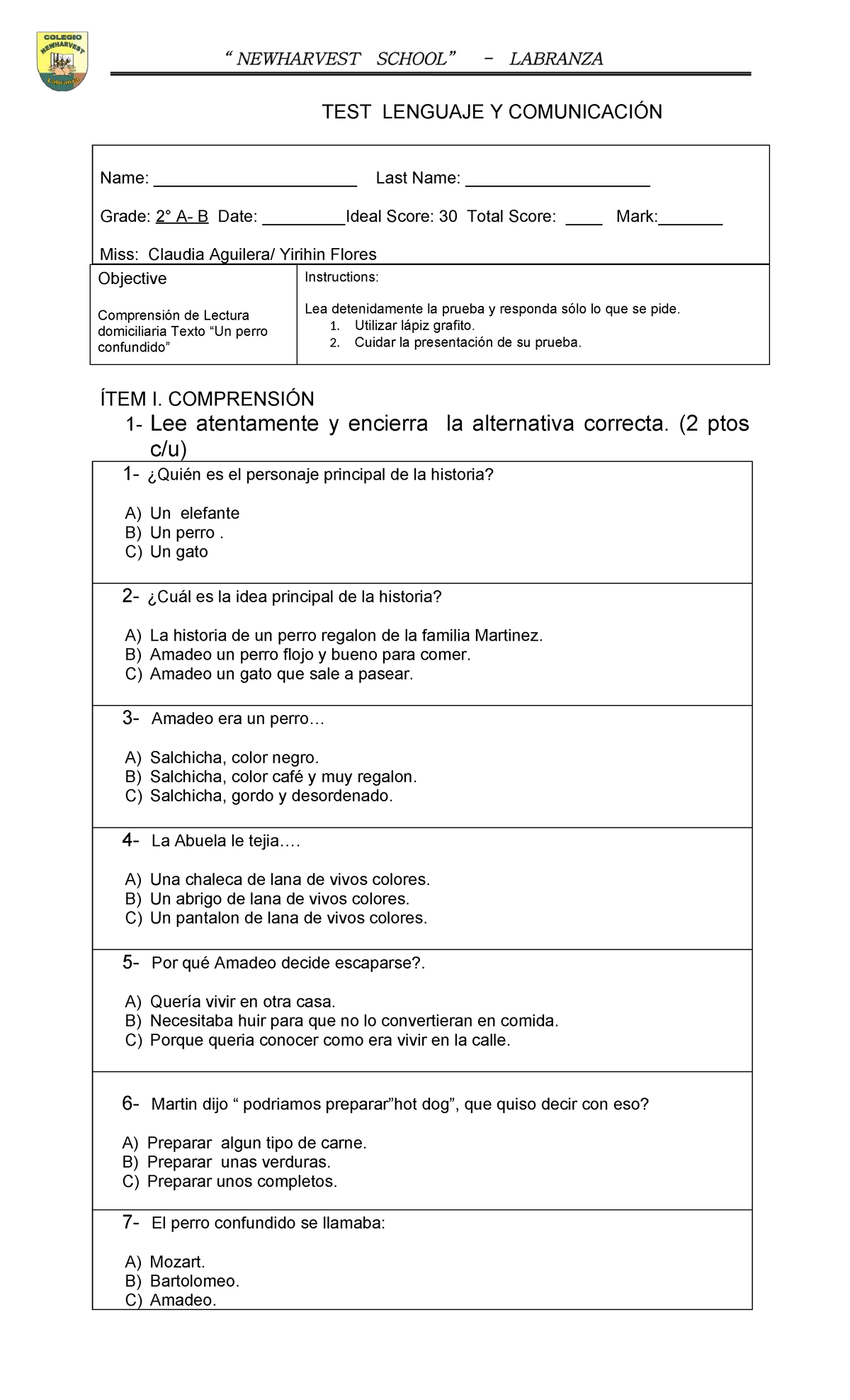Evaluación de Comprensión Lectora: Un Perro Confundido - Lenguaje y ...