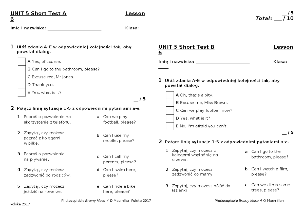 Brainy kl4 Short Tests Unit 5 Lesson 6 - UNIT 5 Short Test A Lesson 6 ...
