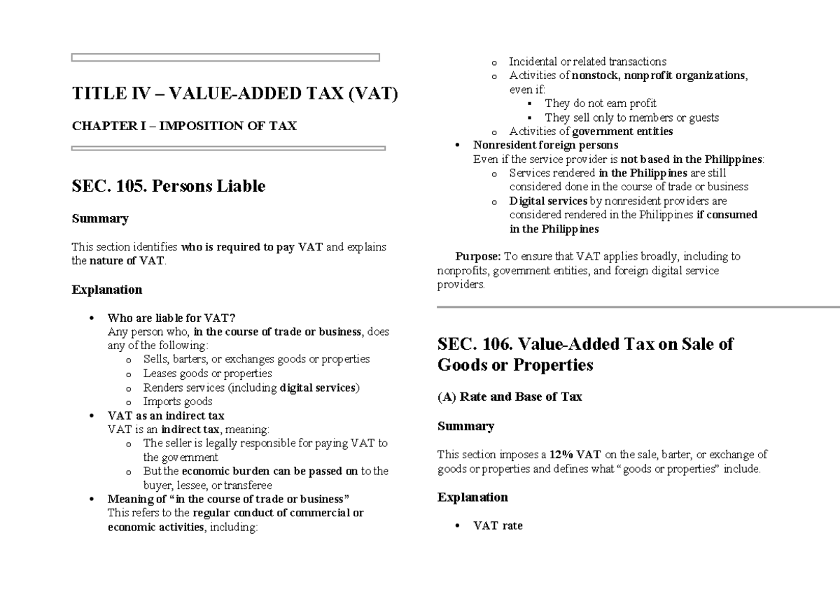 TITLE IV VAT Overview: Imposition, Liabilities, and Exemptions - Studocu