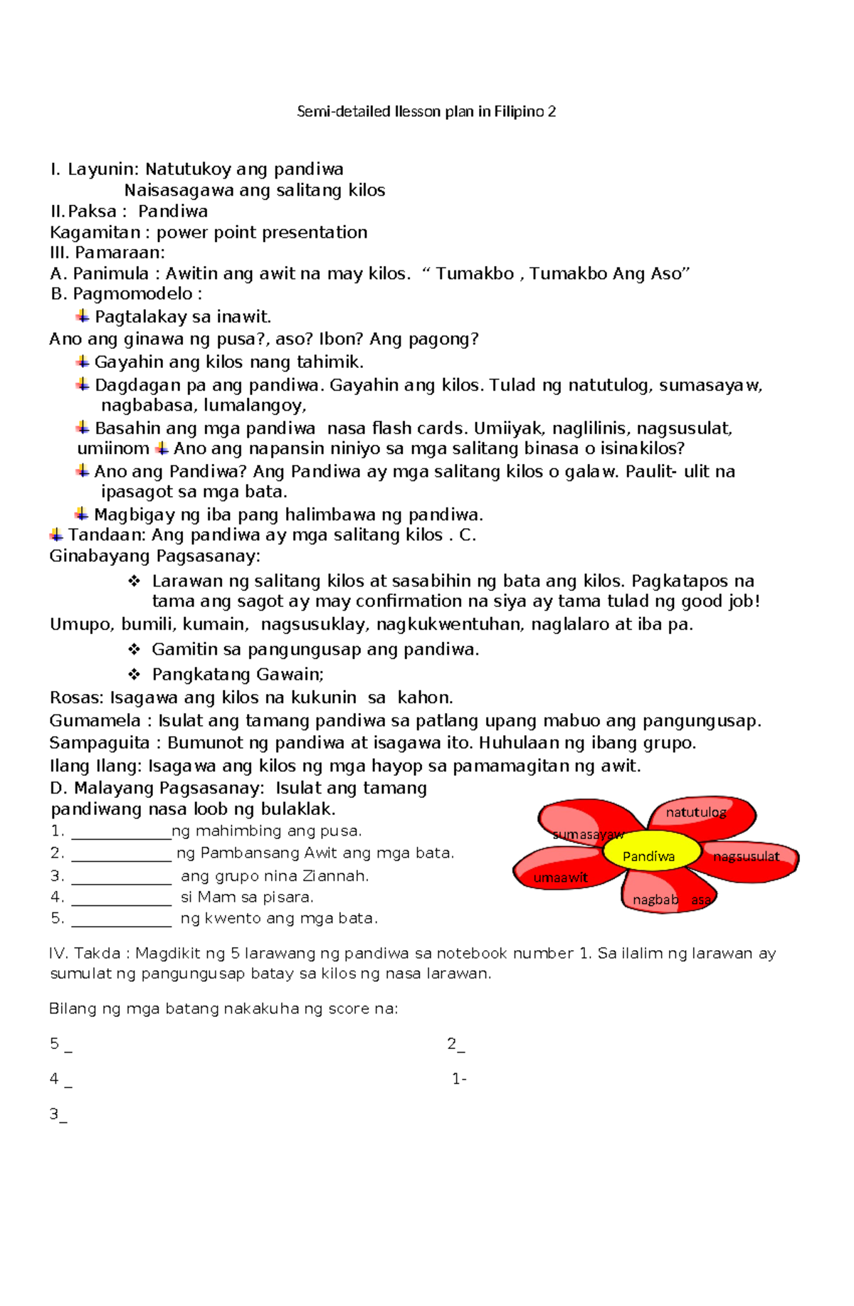 Filipino 2 - Semi-Detailed Lesson Plan on Pandiwa - Studocu