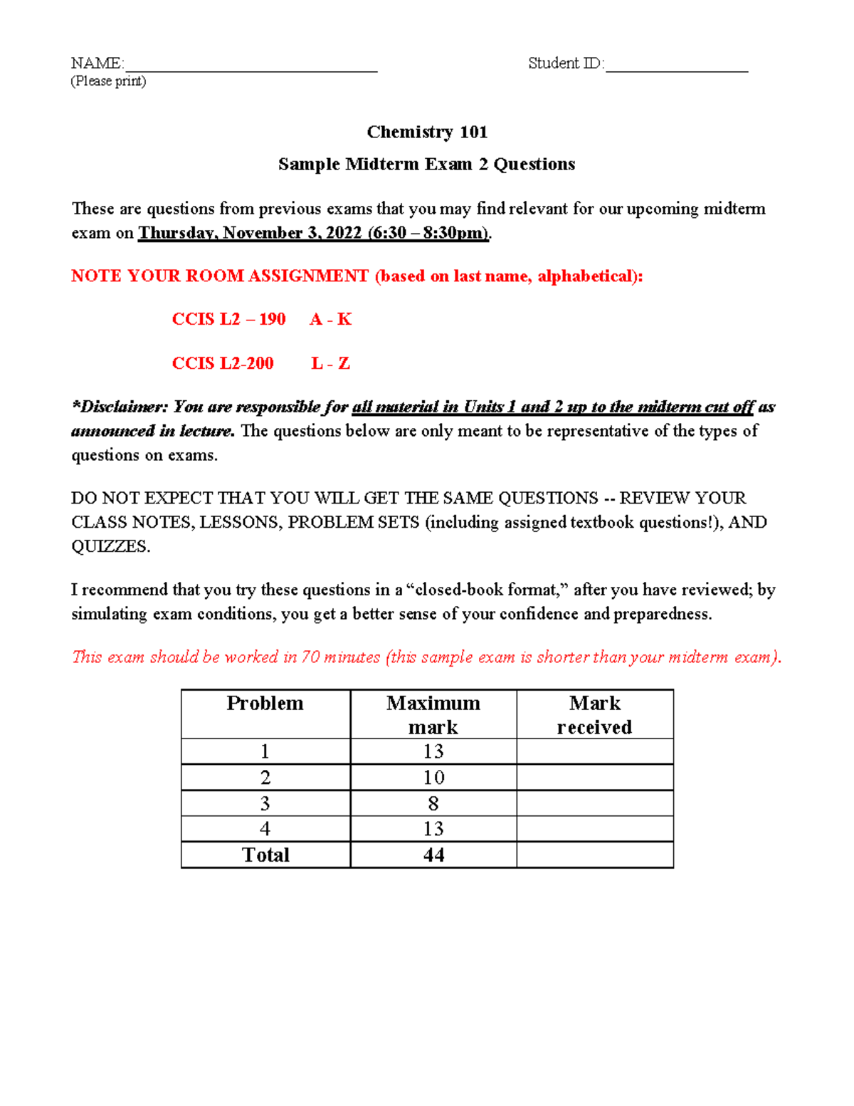 Sample Questions for Midterm Exam 2 - (Please print) Chemistry 101 ...