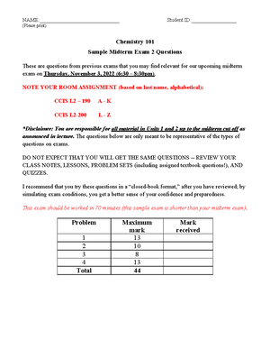 Sample Midterm 1 - chem 101 practice materials - 1 Chemistry 101 Sample Midterm Exam Questions ...
