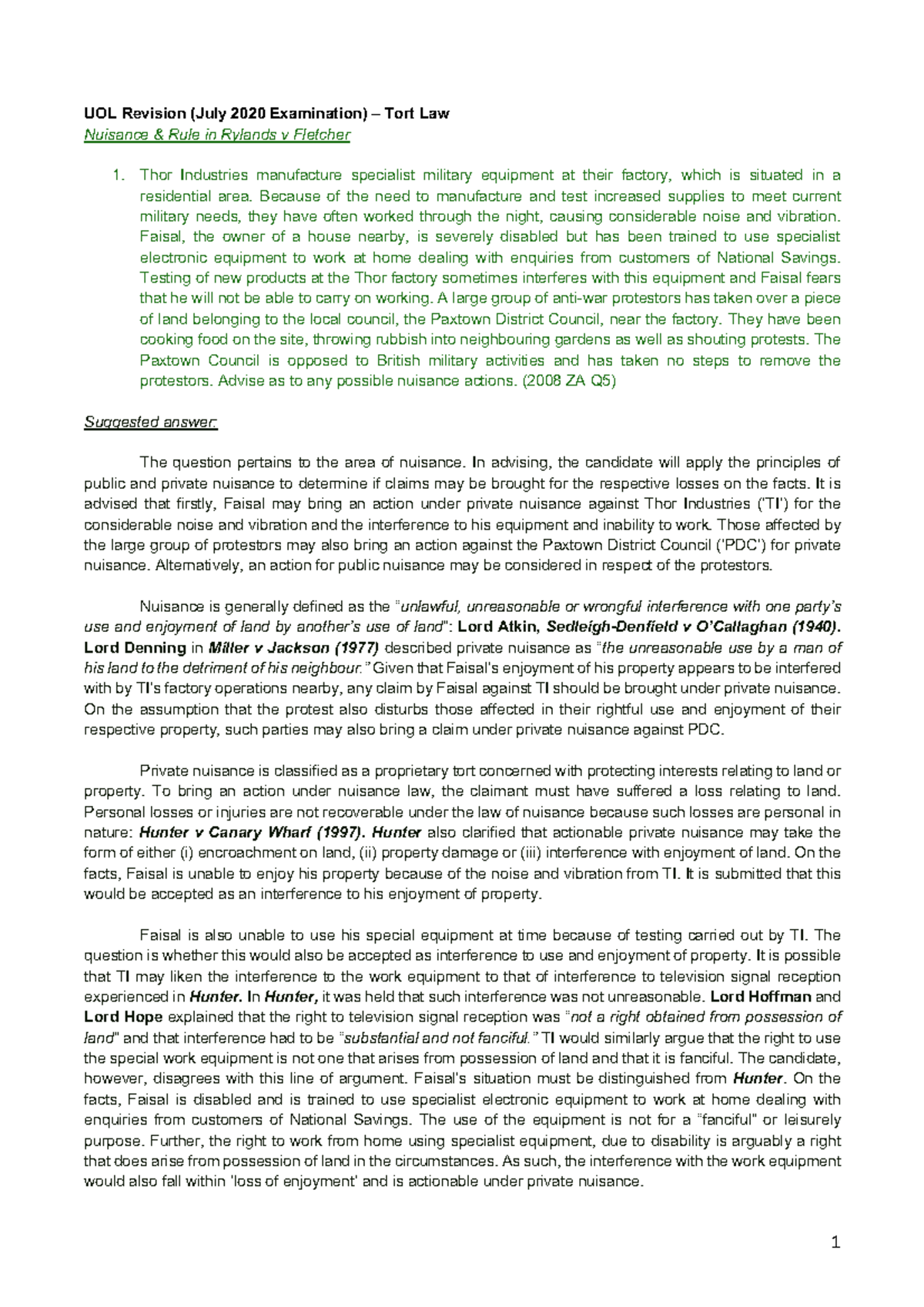 Nuisance Rv F Additional QA Answers - UOL Revision (July 2020 ...