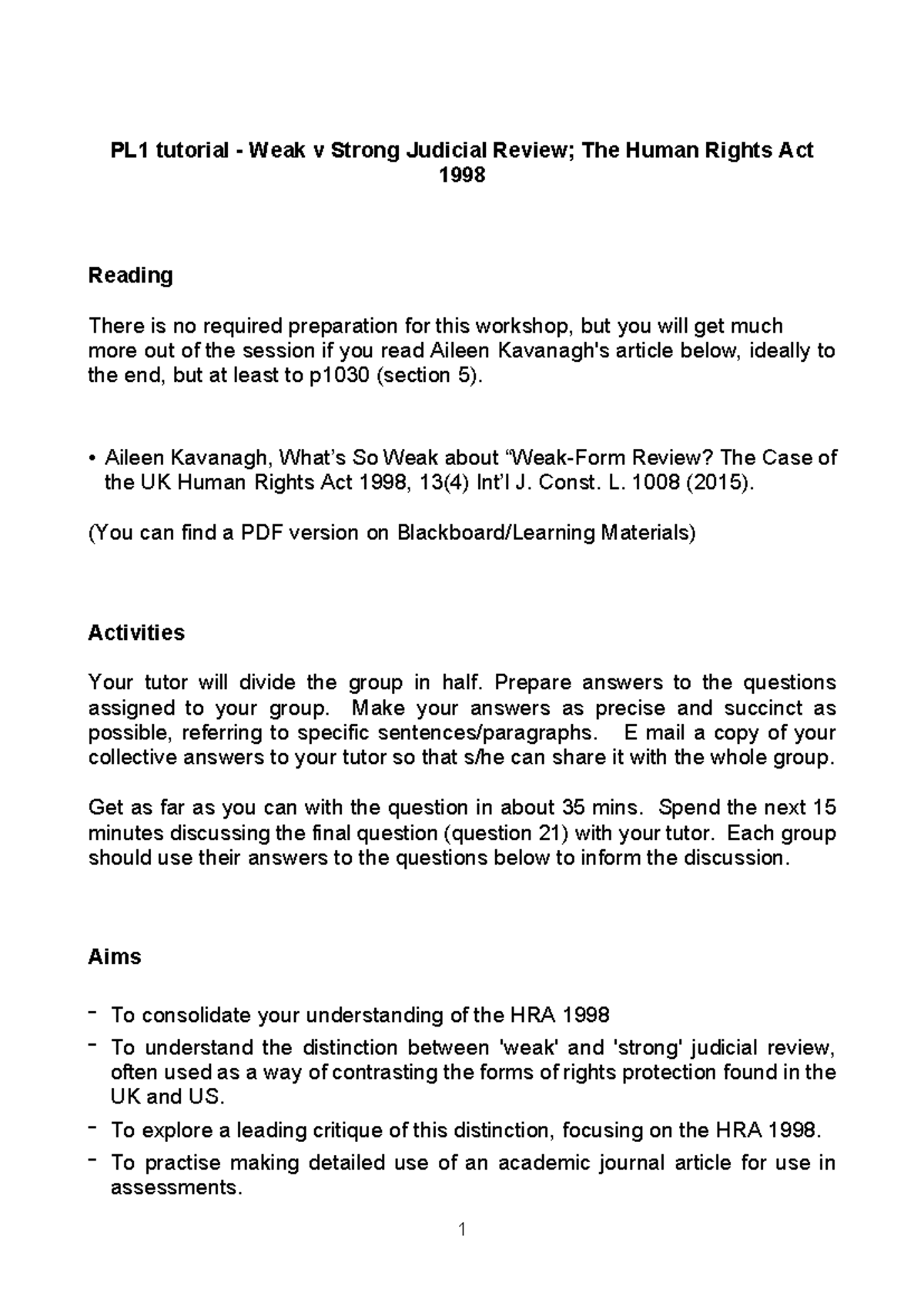 PL1 Tutorial: Weak vs Strong Judicial Review & HRA 1998 Insights - Studocu
