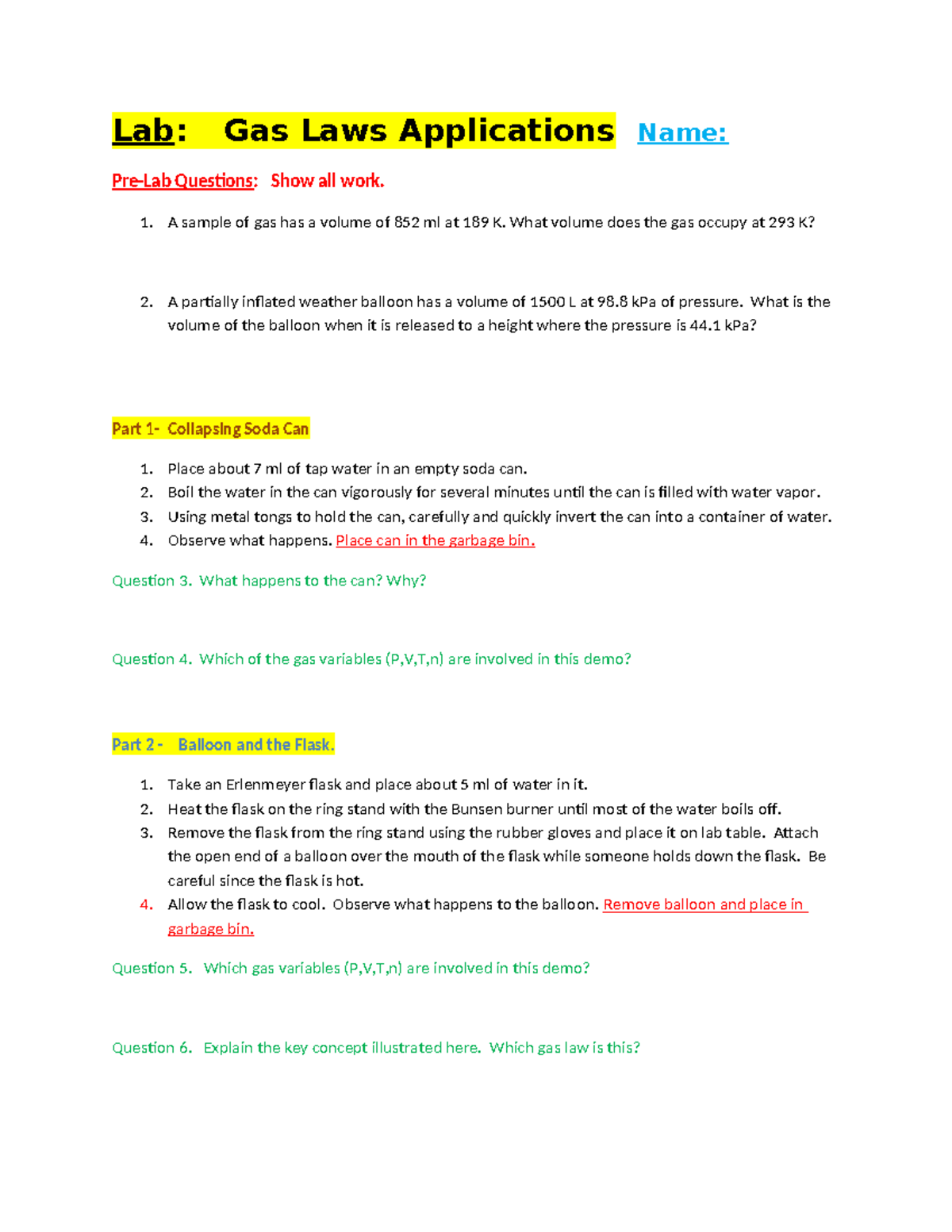 Lab: Gas Laws Applications - Questions & Demonstrations Overview - Studocu