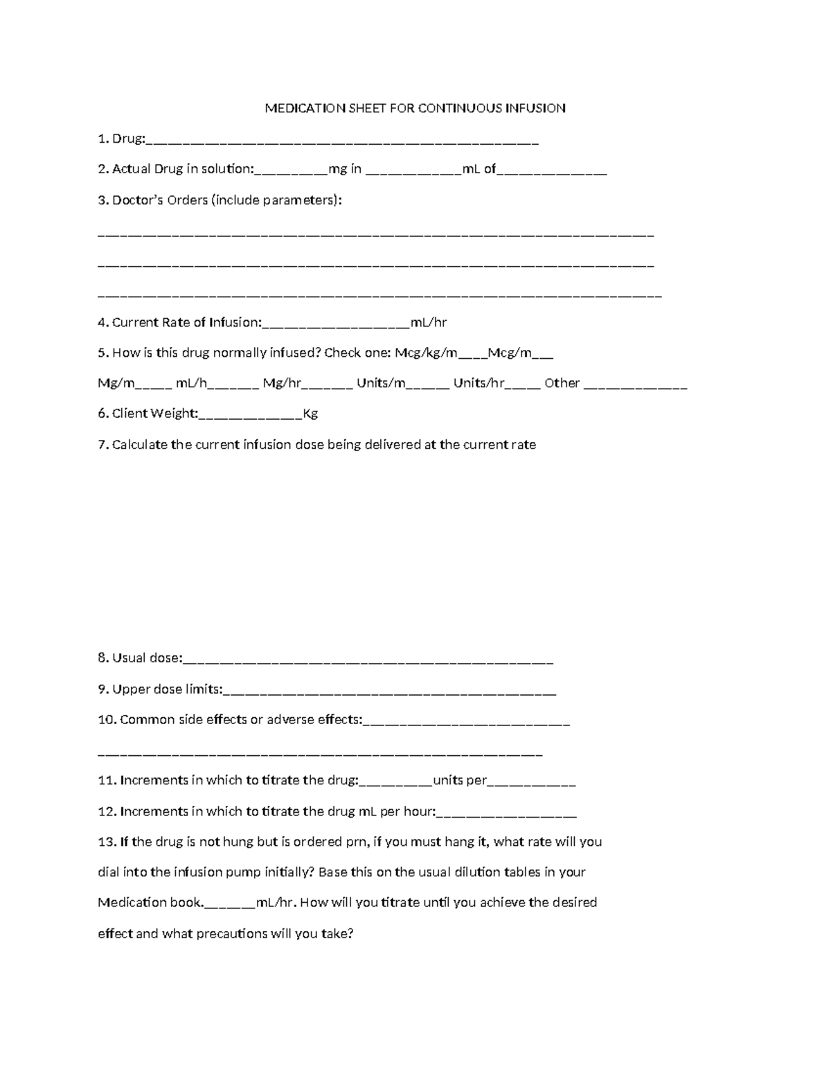 Medication Sheet for Continuous Infusion: Dosage & Titration Guidelines ...