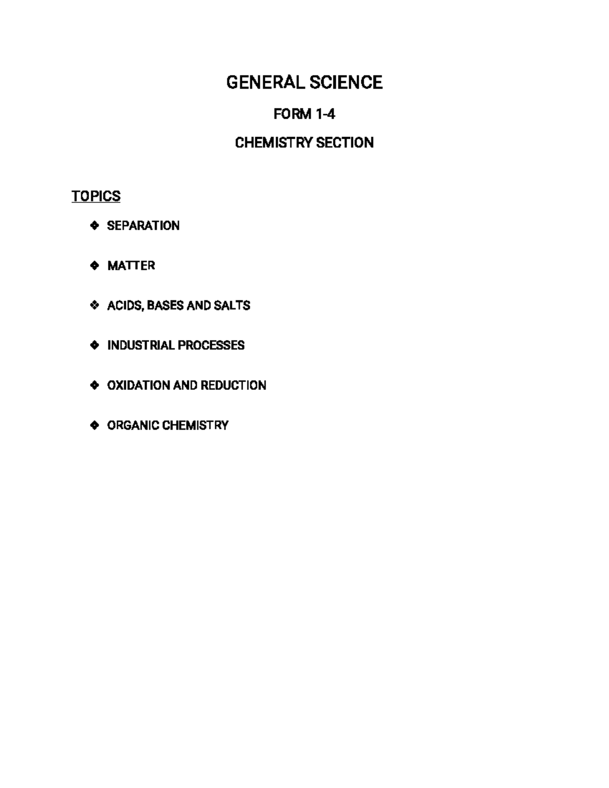 Chemistry Form 1-4: Key Topics and Concepts - Studocu