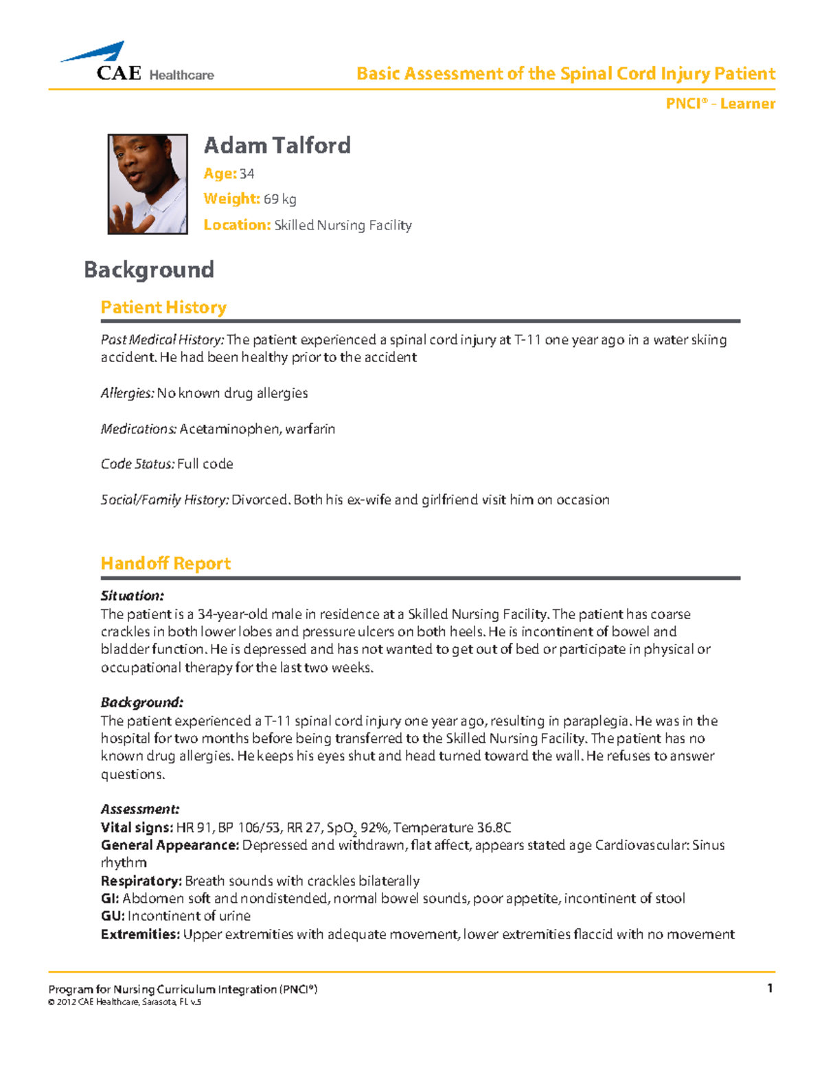 PNCI® - Handoff Report for T-11 Spinal Cord Injury Patient - Studocu