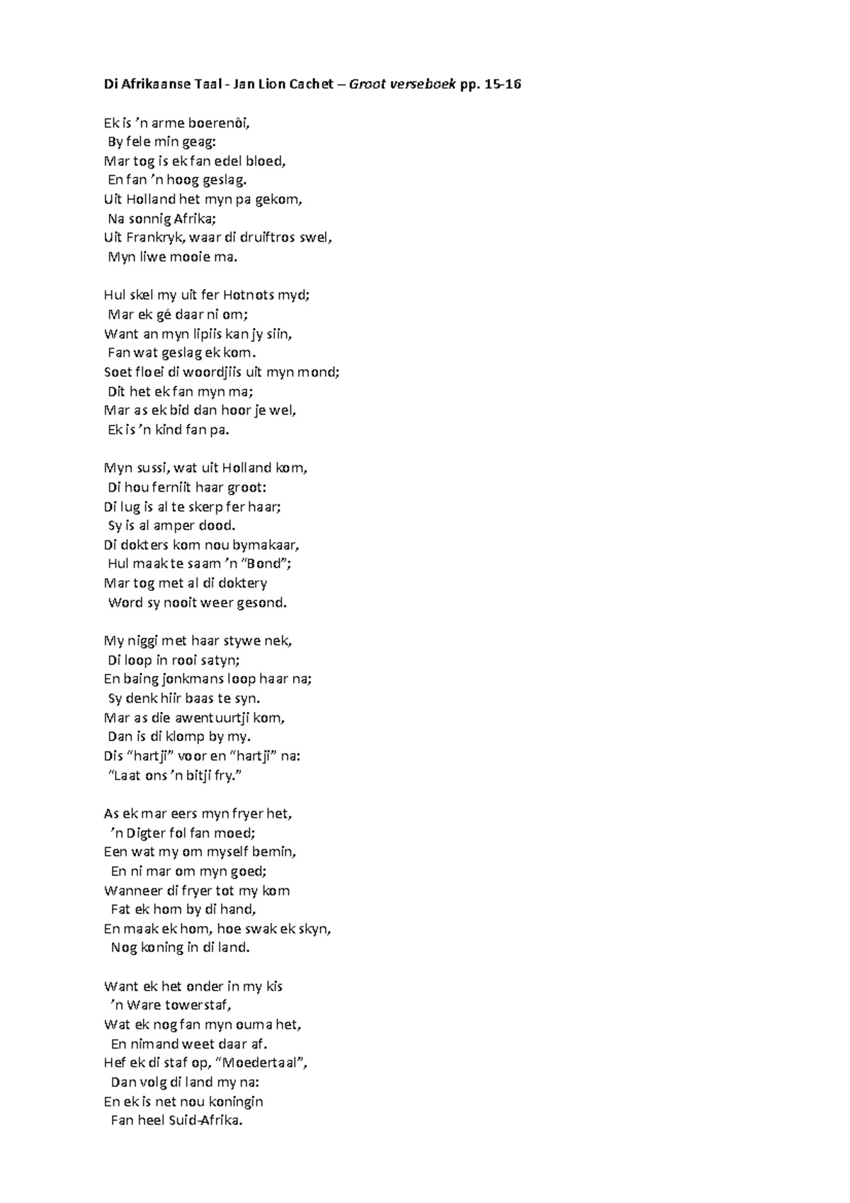 Di Afrikaanse Taal - Poem Analysis and Interpretation - Studocu