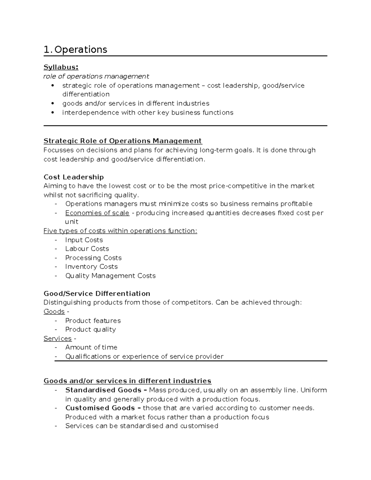 Year 12 Business - Operations Management Notes for Syllabus Studies ...