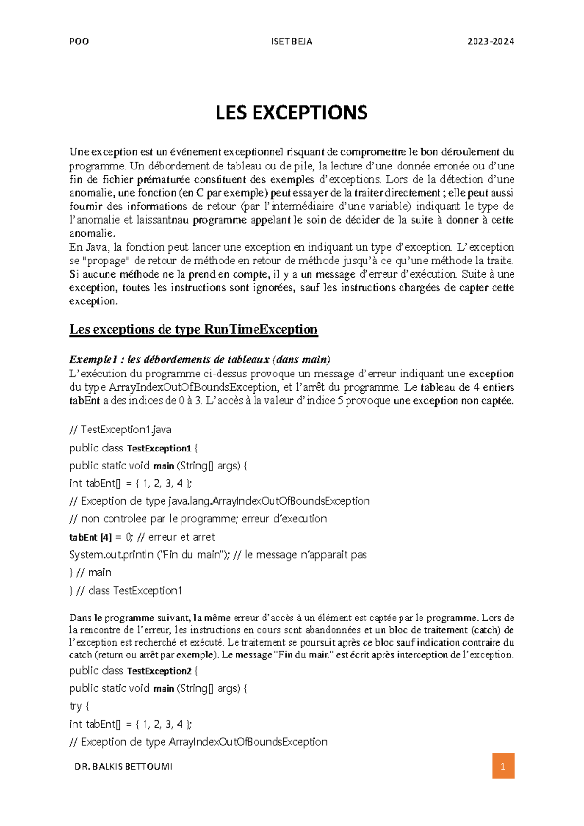 LES Exceptions EN JAVA - POO ISET BEJA - Cours sur try/catch - Studocu