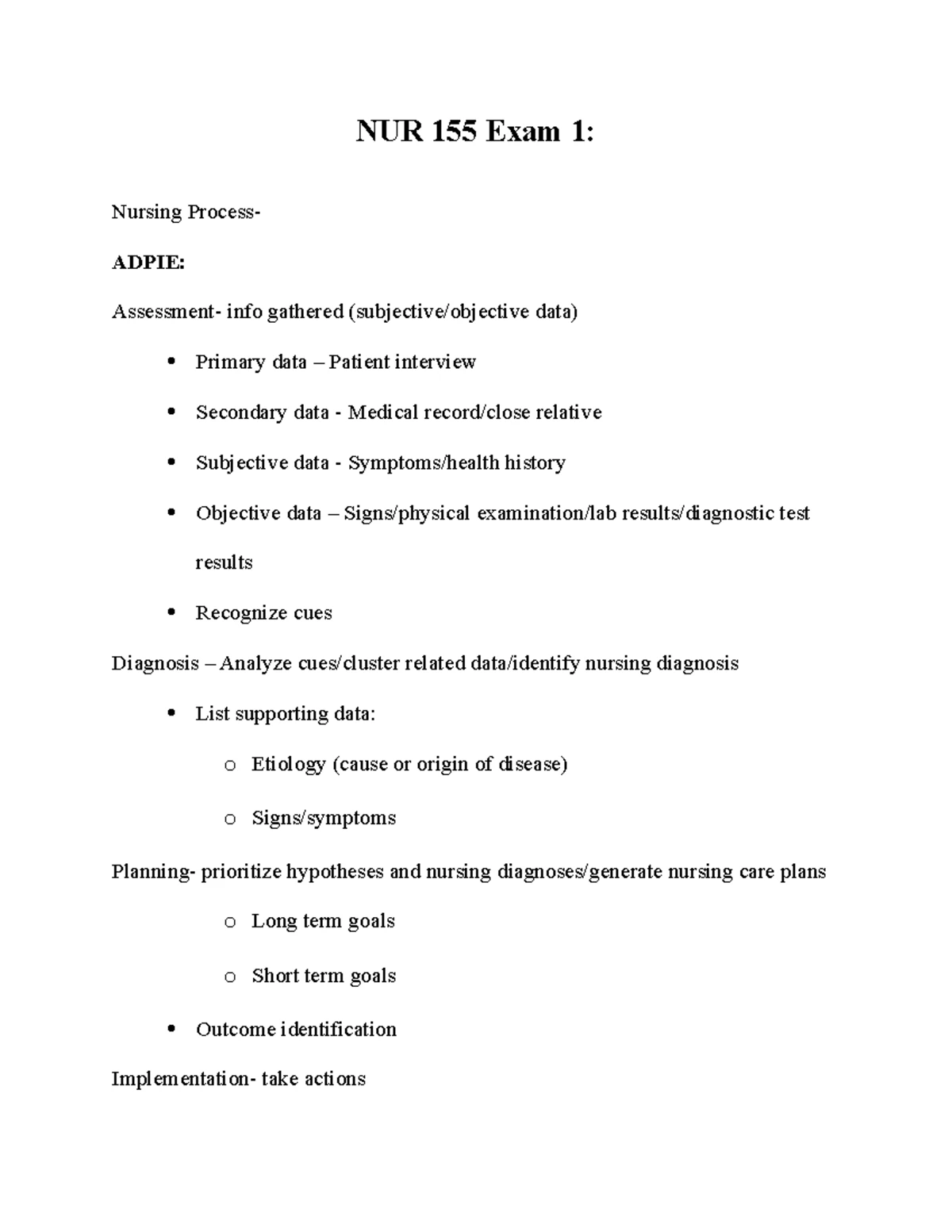 NUR 155 Exam 1 Study Guide: Nursing Process & Key Assessments - Studocu