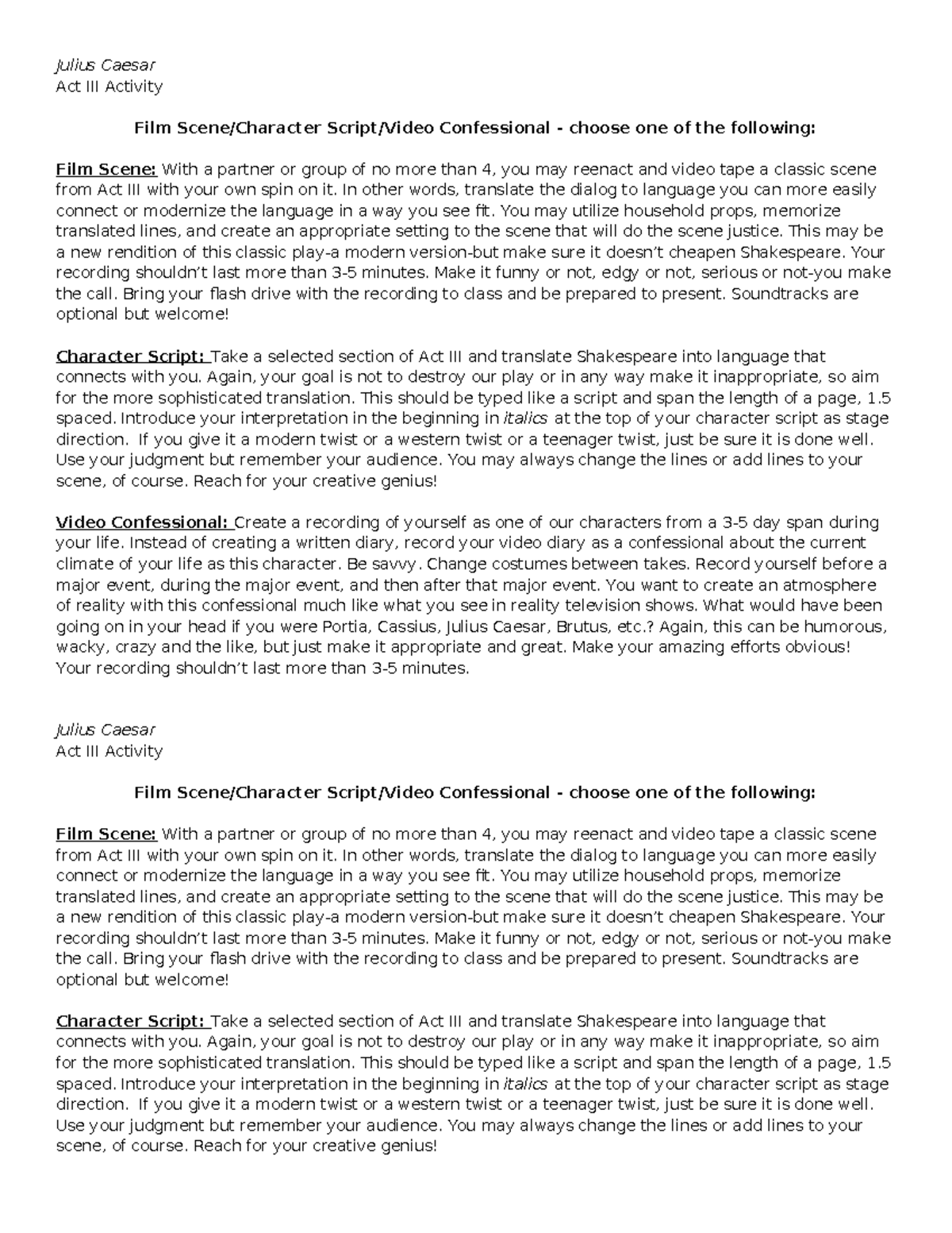 Julius Caesar Act III Creative Activity Guide - Studocu