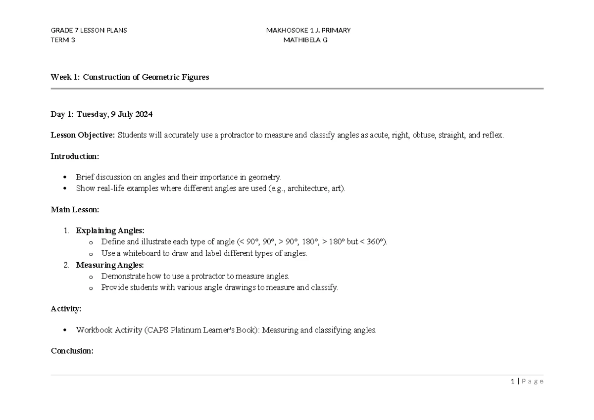 Lesson plan G4 Math Revised term 3 - TERM 3 MATHEMATICS LESSON PLANS ...