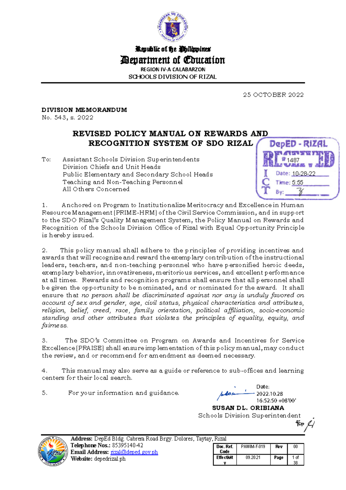 Division Memorandum No. 543, s. 2022: Revised R&R Policy Manual for SDO ...
