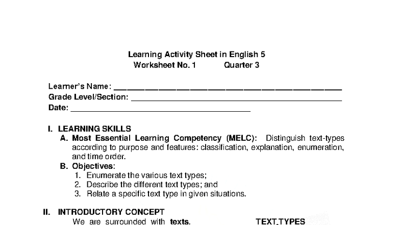 English 5 Q3 LAS 1: Distinguishing Text Types by Purpose - Studocu
