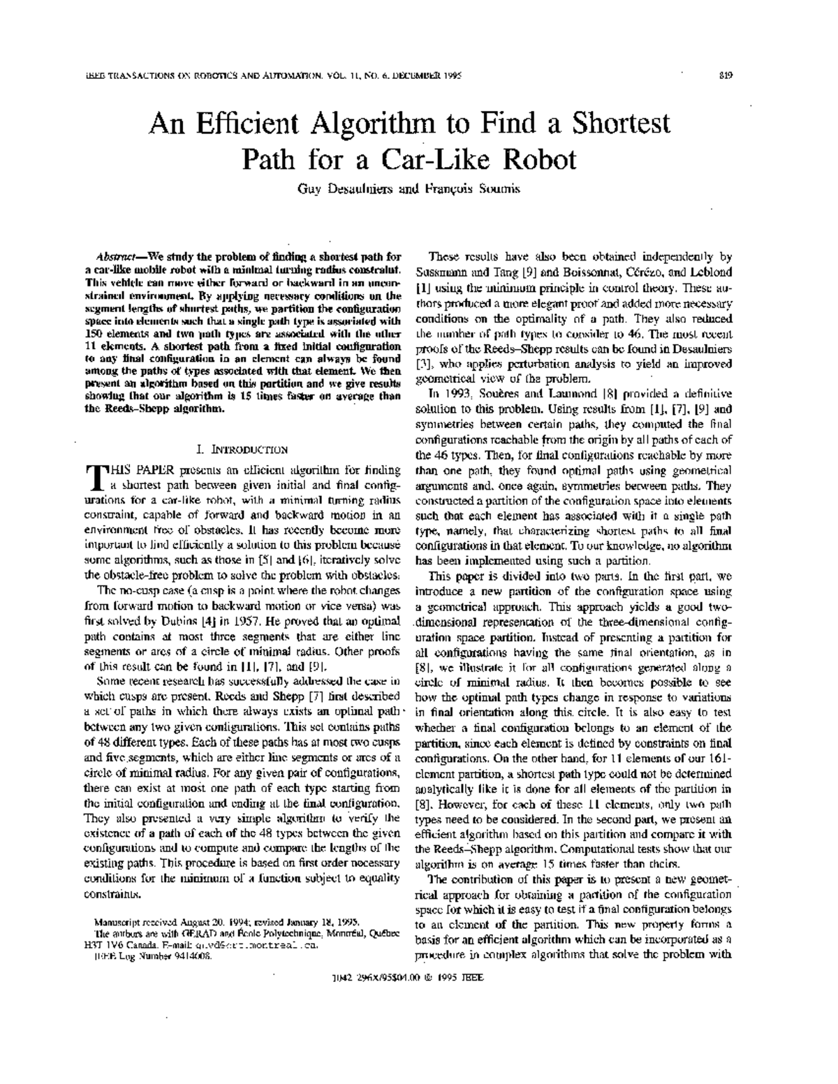 An Efficient Algorithm To Find A Shortest Ieee Transactions On Robotics And Automation Vol