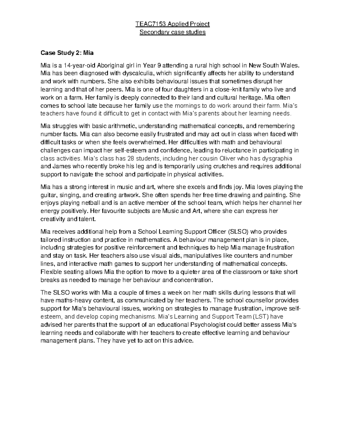 Case Study 2: Mia - TEAC7153 Applied Project on Dyscalculia - Studocu