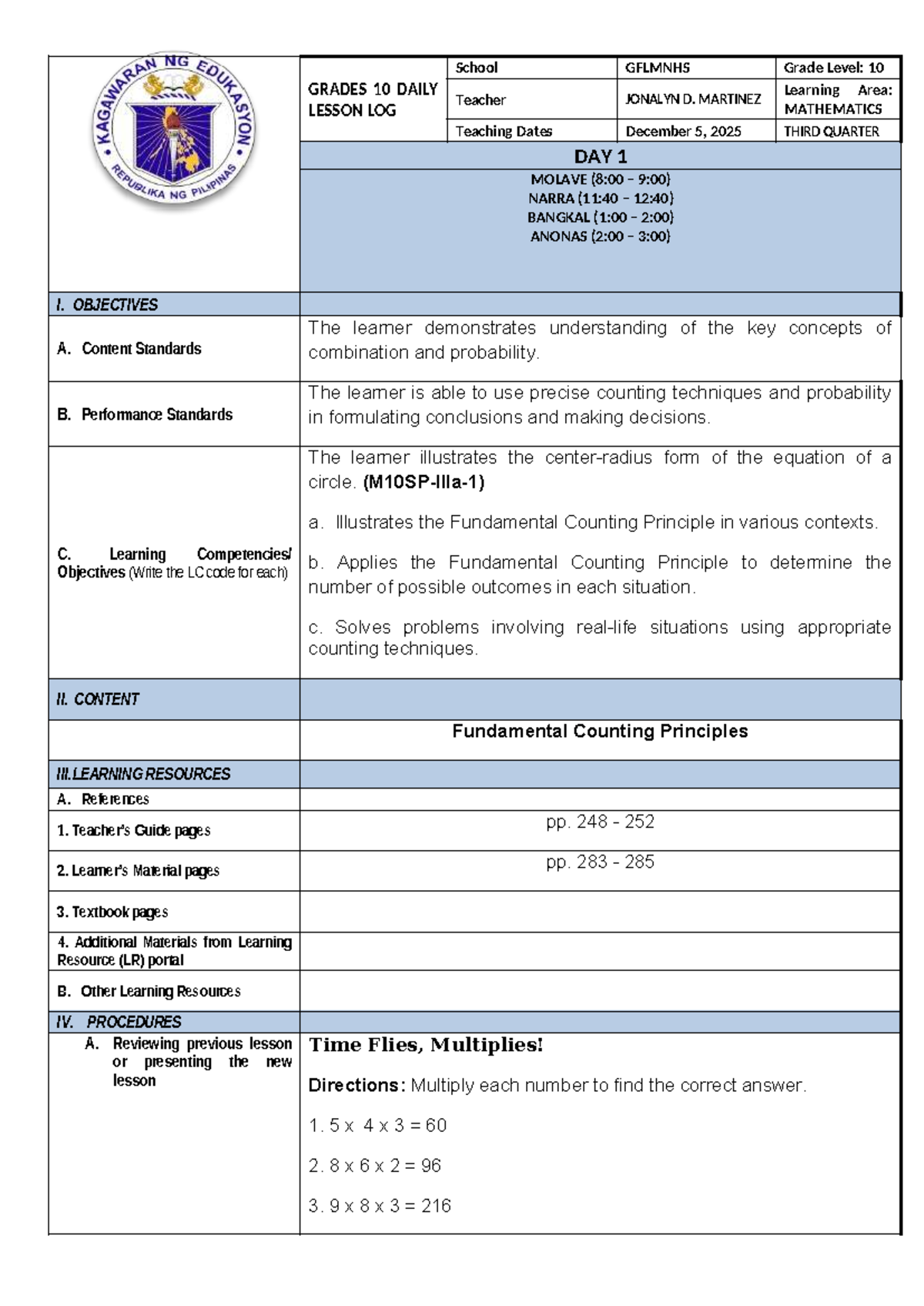 GFLMNHS Grade 10 Math Lesson Log: Fundamental Counting Principles - Studocu