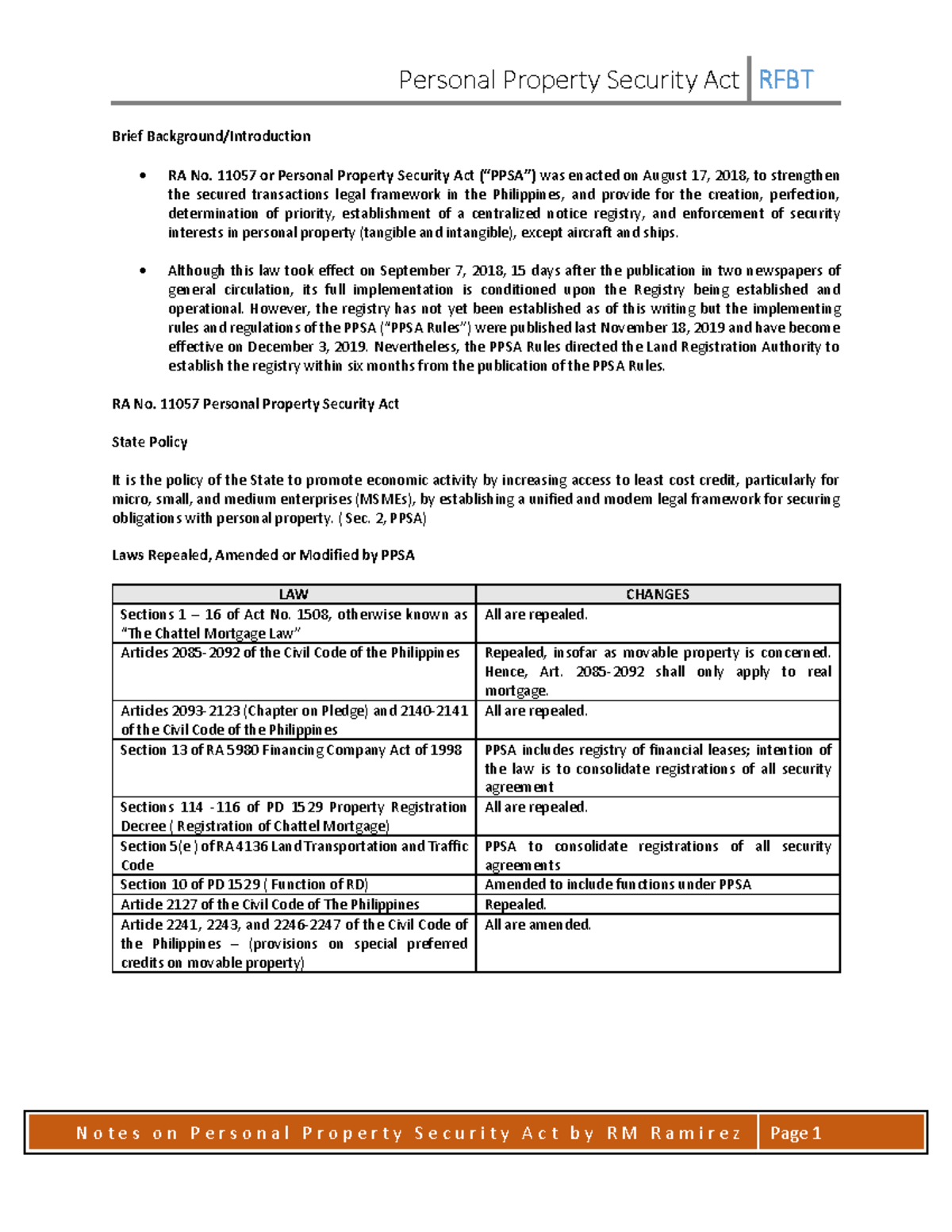 RA 11057 Personal Property Security Act Overview and Key Notes - Studocu