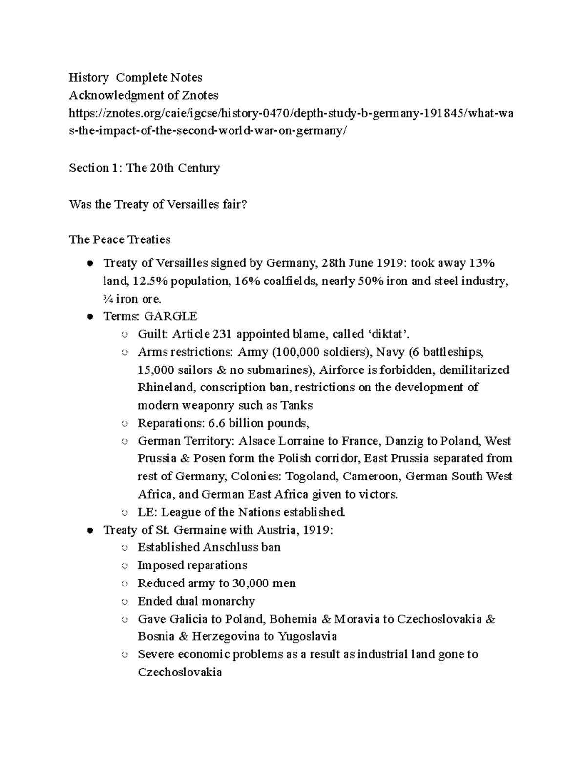 IGCSE History Notes - The Impact of the Treaty of Versailles on Germany ...