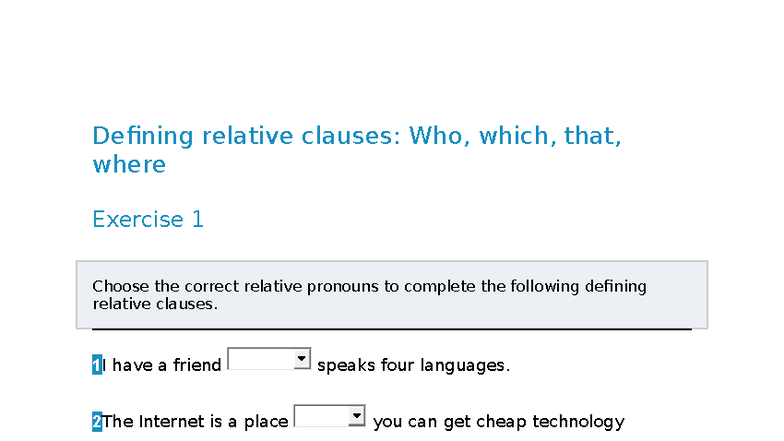 Relative Clauses Exercises: Who, Which, That, Where (ENG101) - Studocu