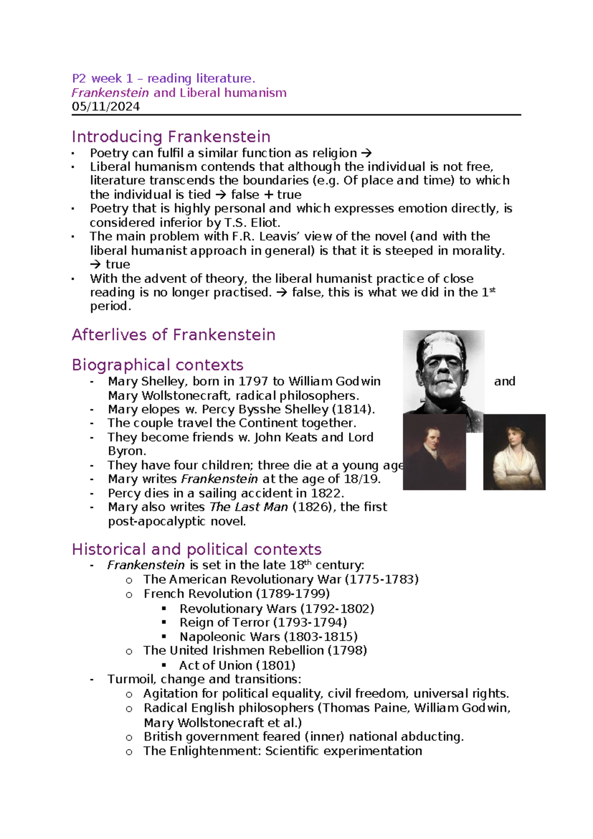 P2 Week 1: Reading Literature - Frankenstein & Liberal Humanism Notes ...