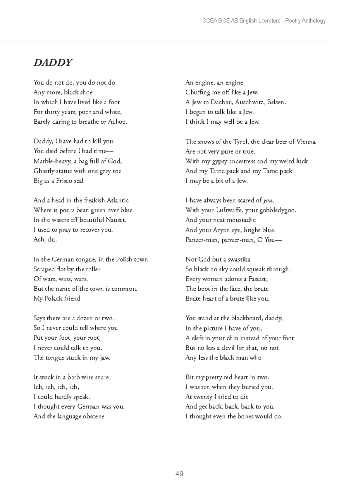 CCEA GCE AS English Literature Poetry Analysis: "Daddy" by Plath - Studocu