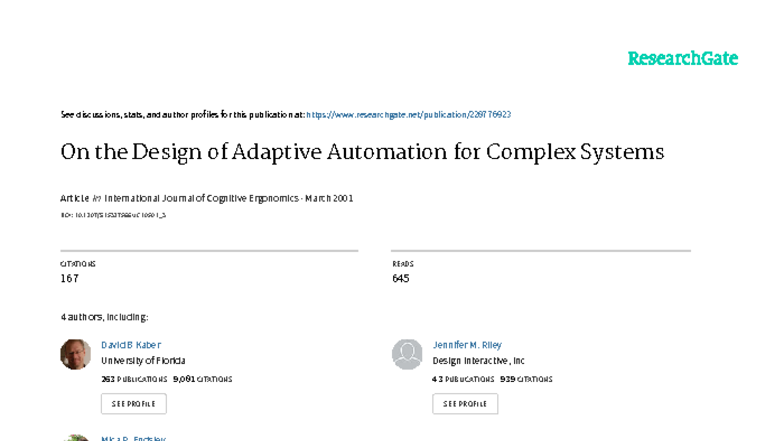 Adaptive Automation Design in Complex Systems: A Review (2001) - Studocu