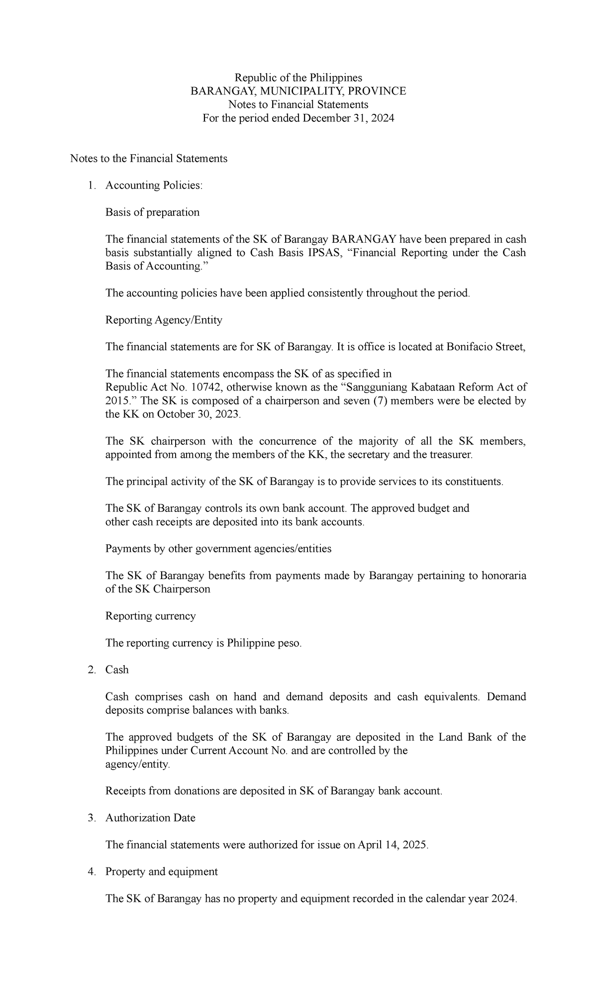 SK of Barangay Financial Statements Notes for FY 2024 - Studocu