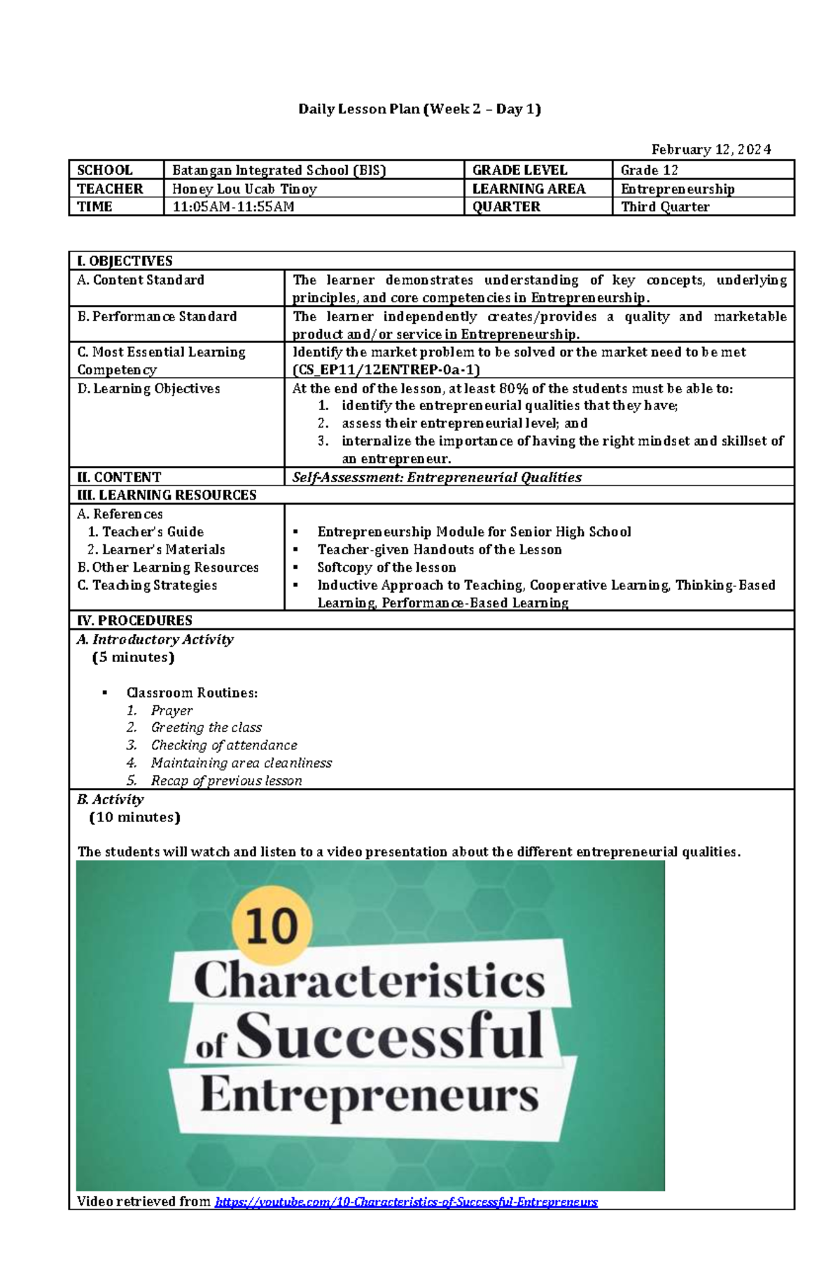 Q3 W2 D1 - Daily Lesson Plan for Entrepreneurship (Grade 12) - Studocu