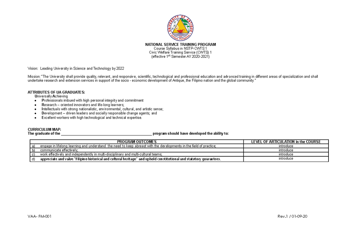 NSTP 1 Course Syllabus: Civic Welfare Training Service Overview - Studocu