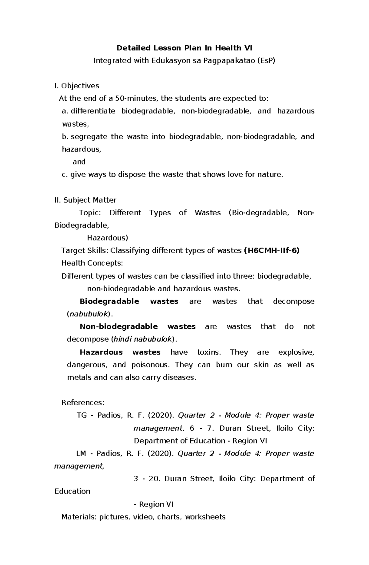 Health VI: Detailed Lesson Plan on Waste Management and Segregation ...