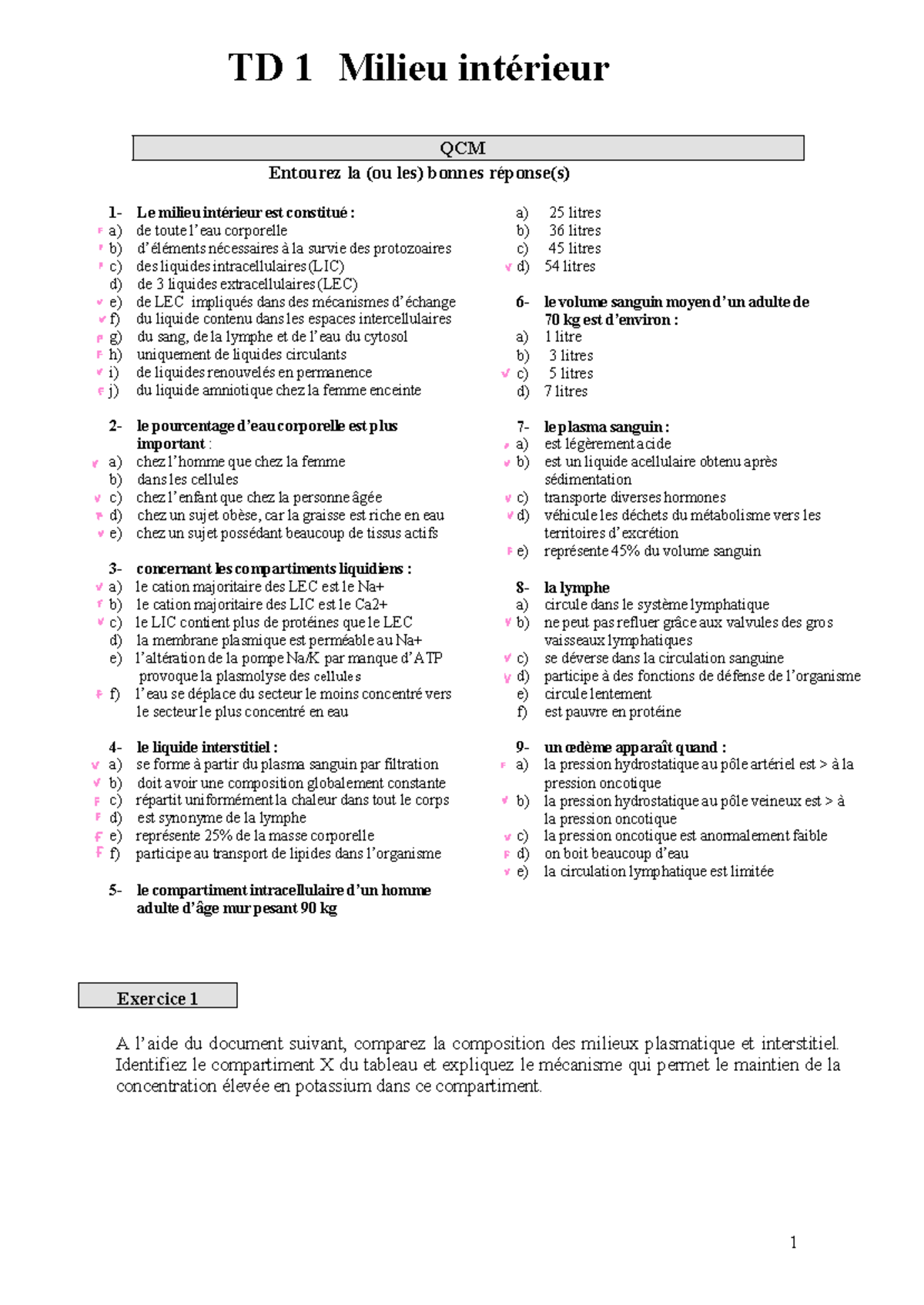 L2 TD Homéostasie - QCM 1 et Exercice sur Milieu Intérieur - Studocu