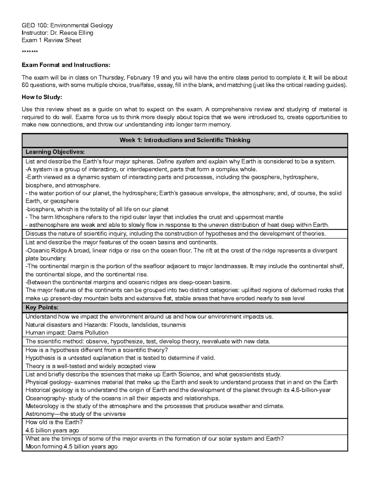 GEO 100: Environmental Geology Exam 1 Review Sheet - Studocu