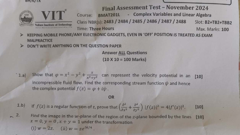 BMAT201L Final Assessment Test Nov 2024 - Complex Variables & Linear ...
