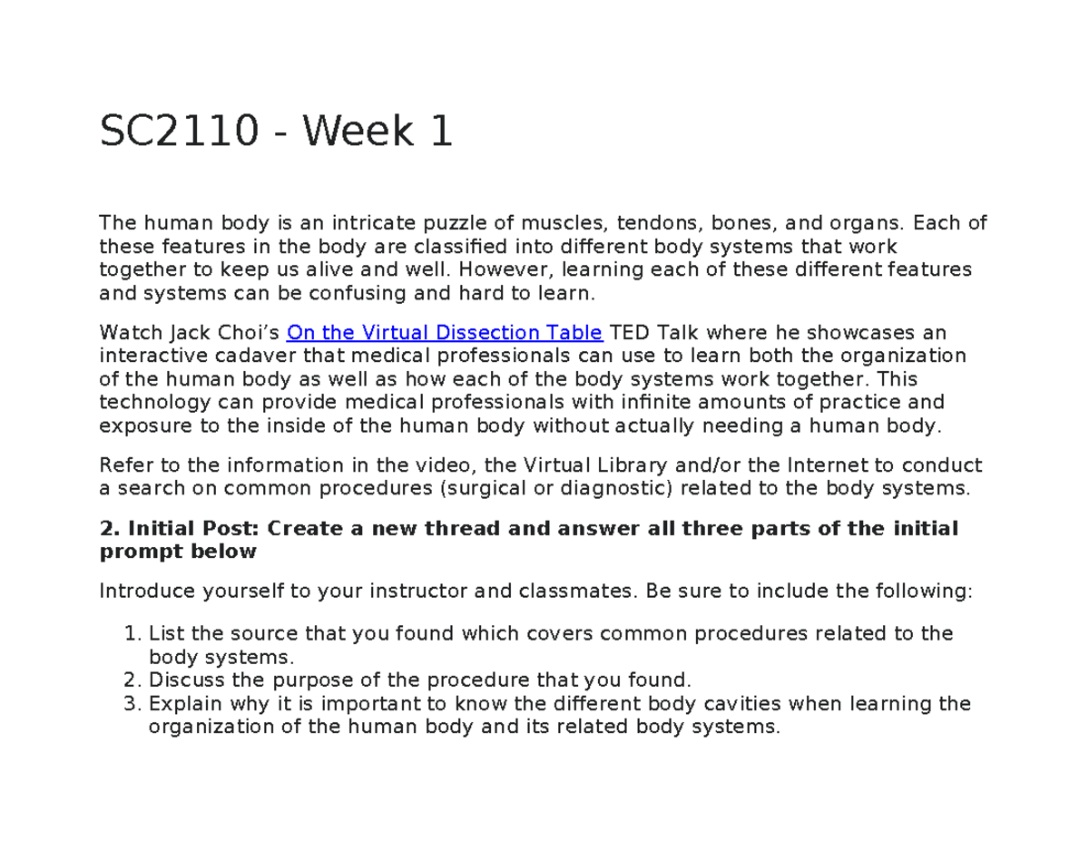 SC2110 Week 1 Overview: Human Body Systems & Interactions - Studocu