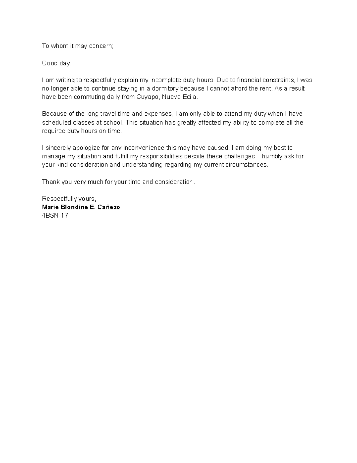 Letter of Explanation for Incomplete Duty Hours - Studocu