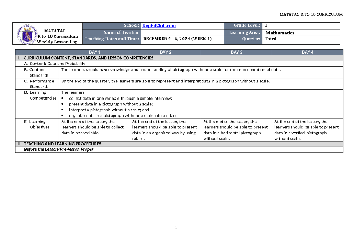 DLL Matatag Mathematics 1 Q3 W1 - MATATAG K to 10 Curriculum Weekly ...