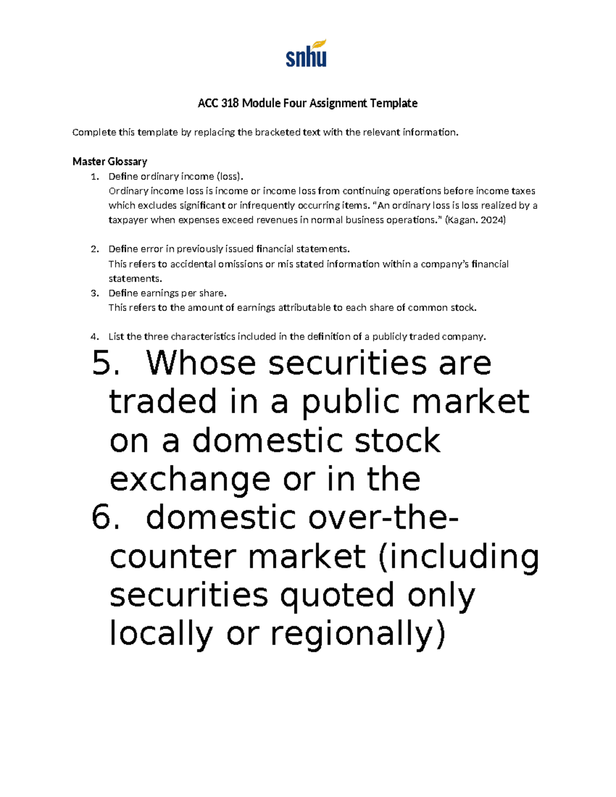 ACC 318 Module Four Assignment Guidelines and Master Glossary Insights ...