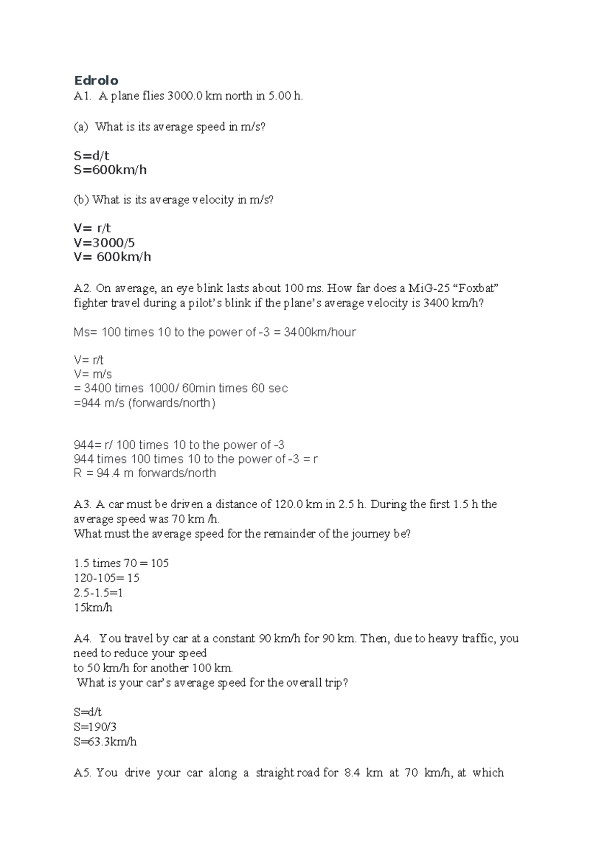 Physics A1-A6: Average Speed, Velocity, and Displacement Analysis - Studocu