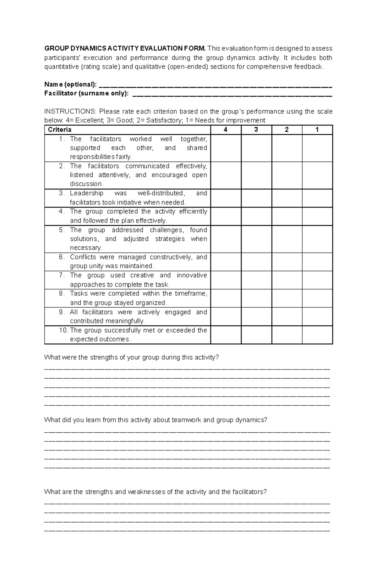 GROUP DYNAMICS ACTIVITY EVALUATION FORM - NEW VERSION - Studocu