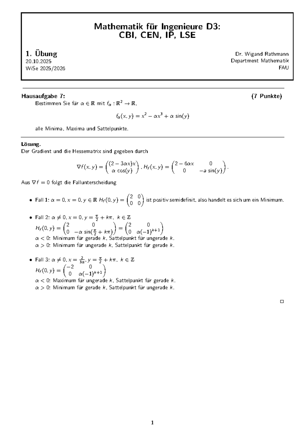 Mathematik Ingenieure D3: Hausaufgabe 7 und Zusatzaufgabe 8 - Studocu