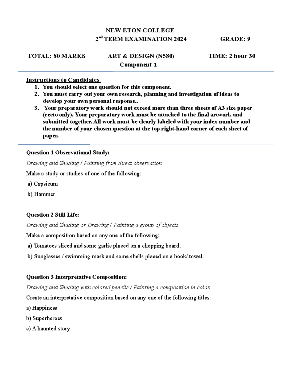 Grade 9 ART & Design (N580) 2nd Term Exam Paper 2024 - Studocu