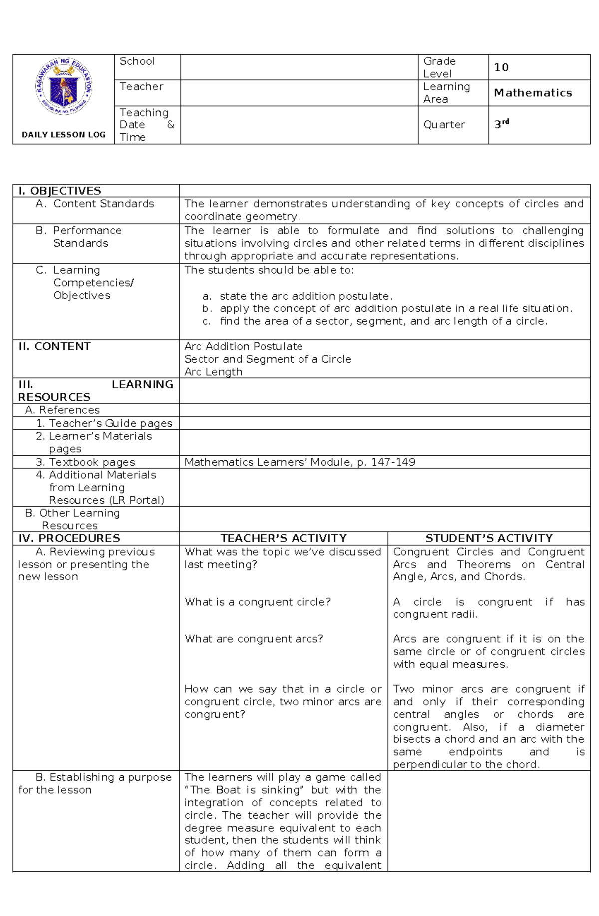 DLL- ARC Addition Postulate & Circle Properties Overview - Studocu