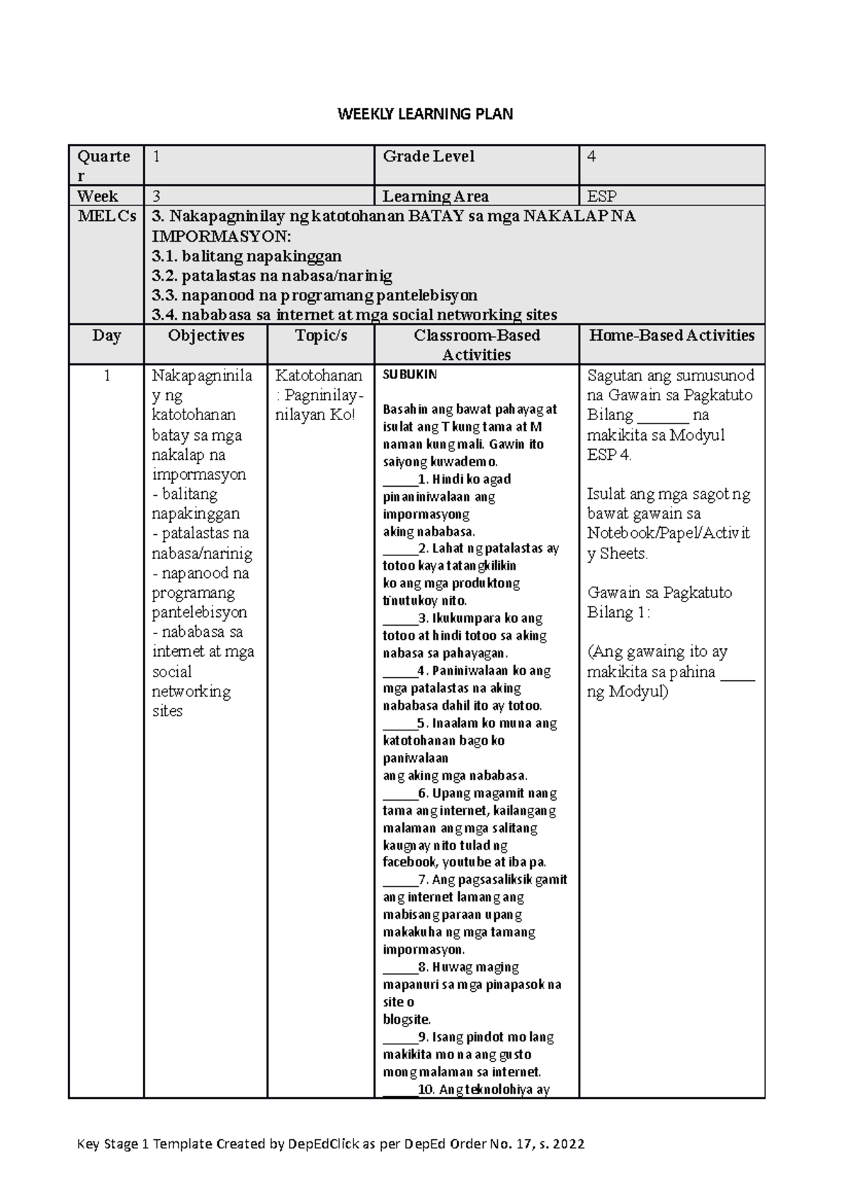 WLP Q1 W3 G4 - Weekly Lesson Plan for Grade 4 ESP and Filipino - Studocu