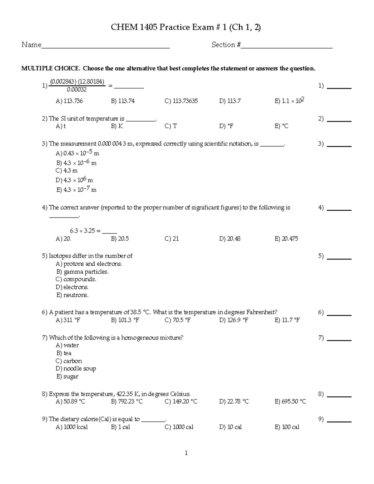 CHEM 1405 Practice Exam # 1 (Ch 1, 2) - CHEM 1405 Practice Exam # 1 (Ch ...